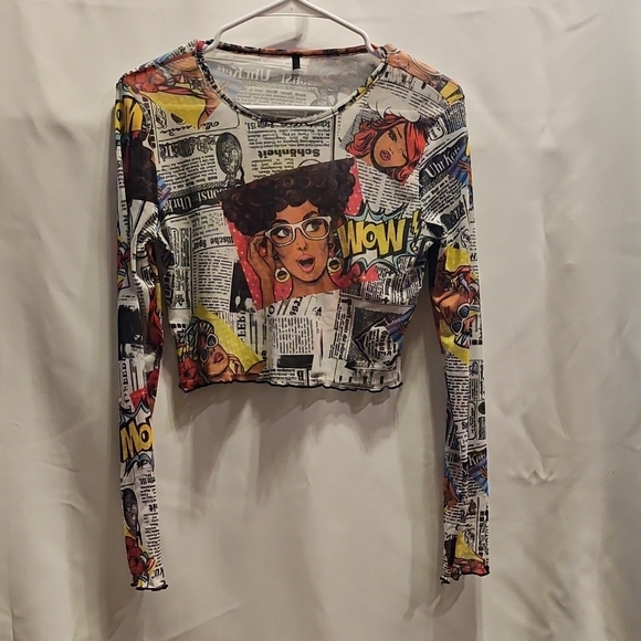 Tops | Vibrant Comic Print Long Sleeve Crop Top | Poshmark